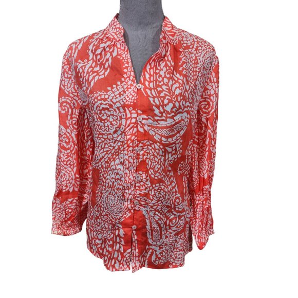 Chico's | Tops | Chicos Sz 2 Mosaic Paisley Shirt Orange Blossom Button ...